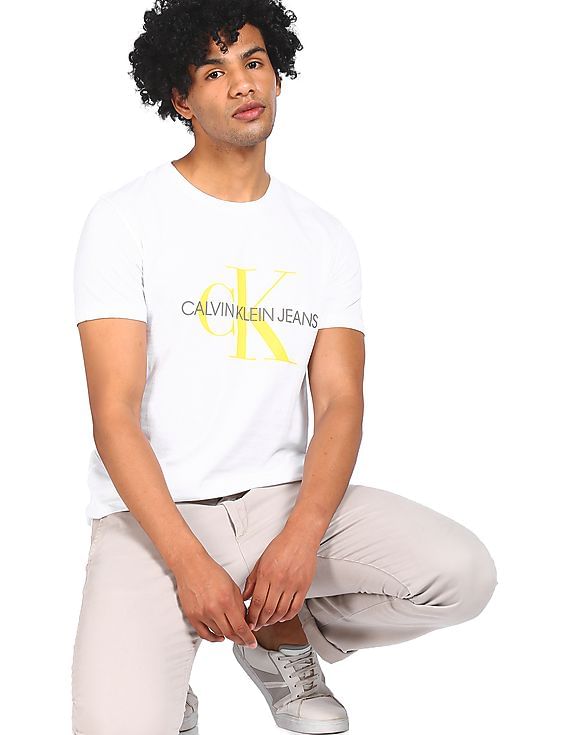 Buy Calvin Klein Men White Monogram Print Cotton T Shirt NNNOW
