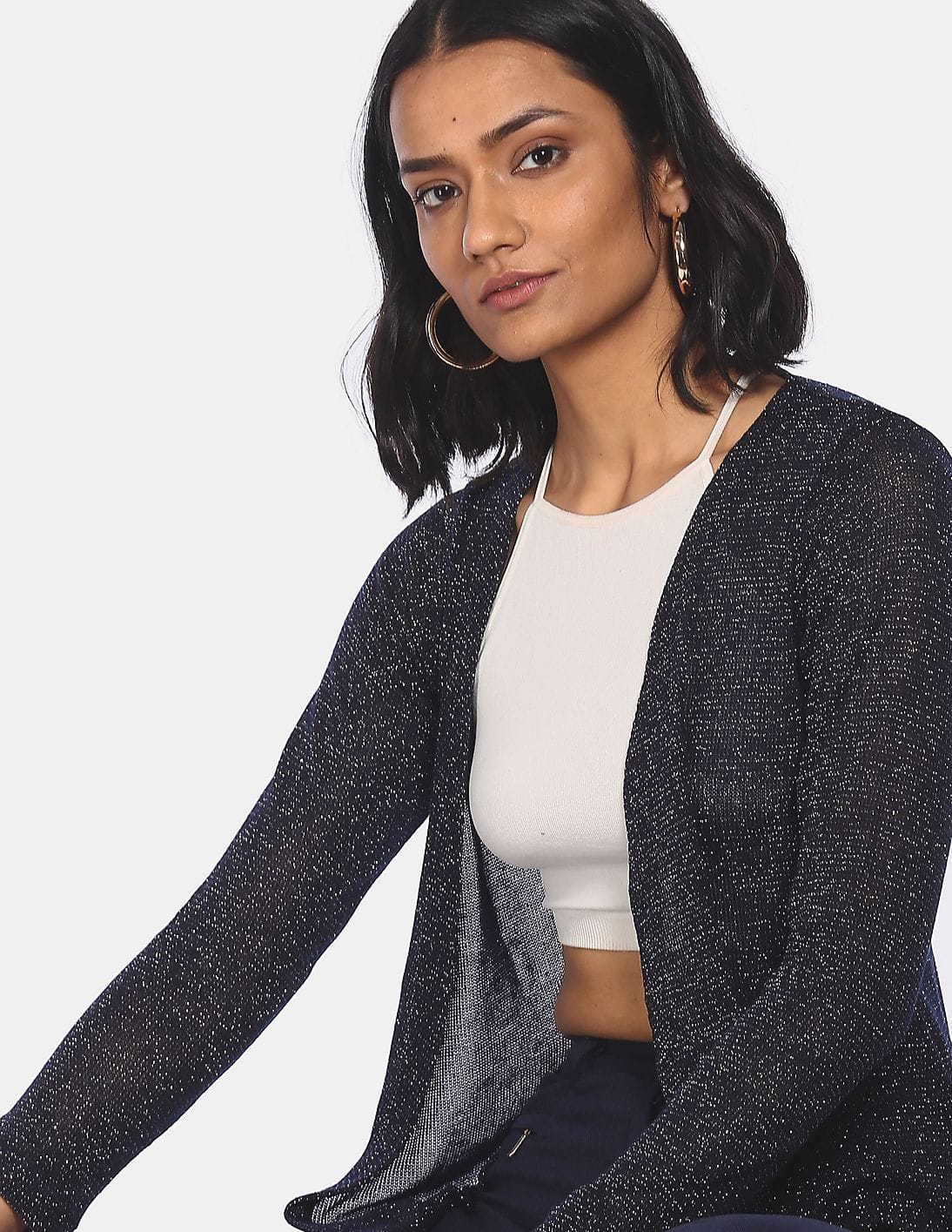 Buy SUGR Women Navy Open Shrug Metallic Patterned Shrug - NNNOW.com